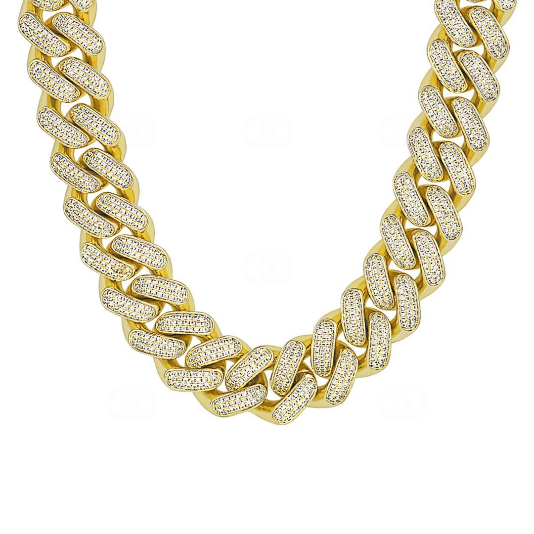 KE0002-G-18MM | 18mm Cuban Link Curb Chain Gold plated with Cubic Zirconia
