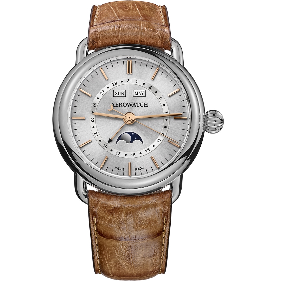 Aerowatch 1942 Automatic Moon Phase Leder braun | A 75970 AA02