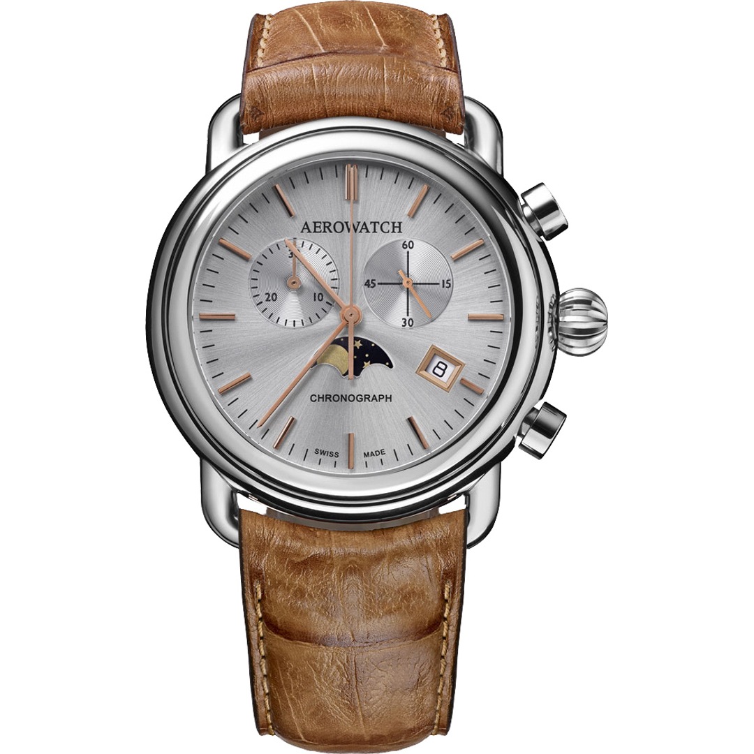 Aerowatch 1942 Chrono Moon Phase Leder braun | A 84934 AA06