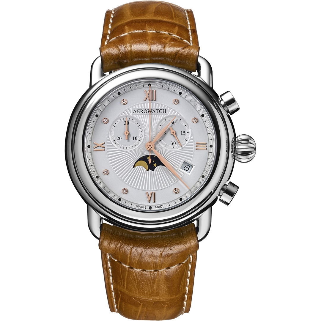 Aerowatch 1942 Lady Chrono Diamonds Leder braun | A 84934 AA07