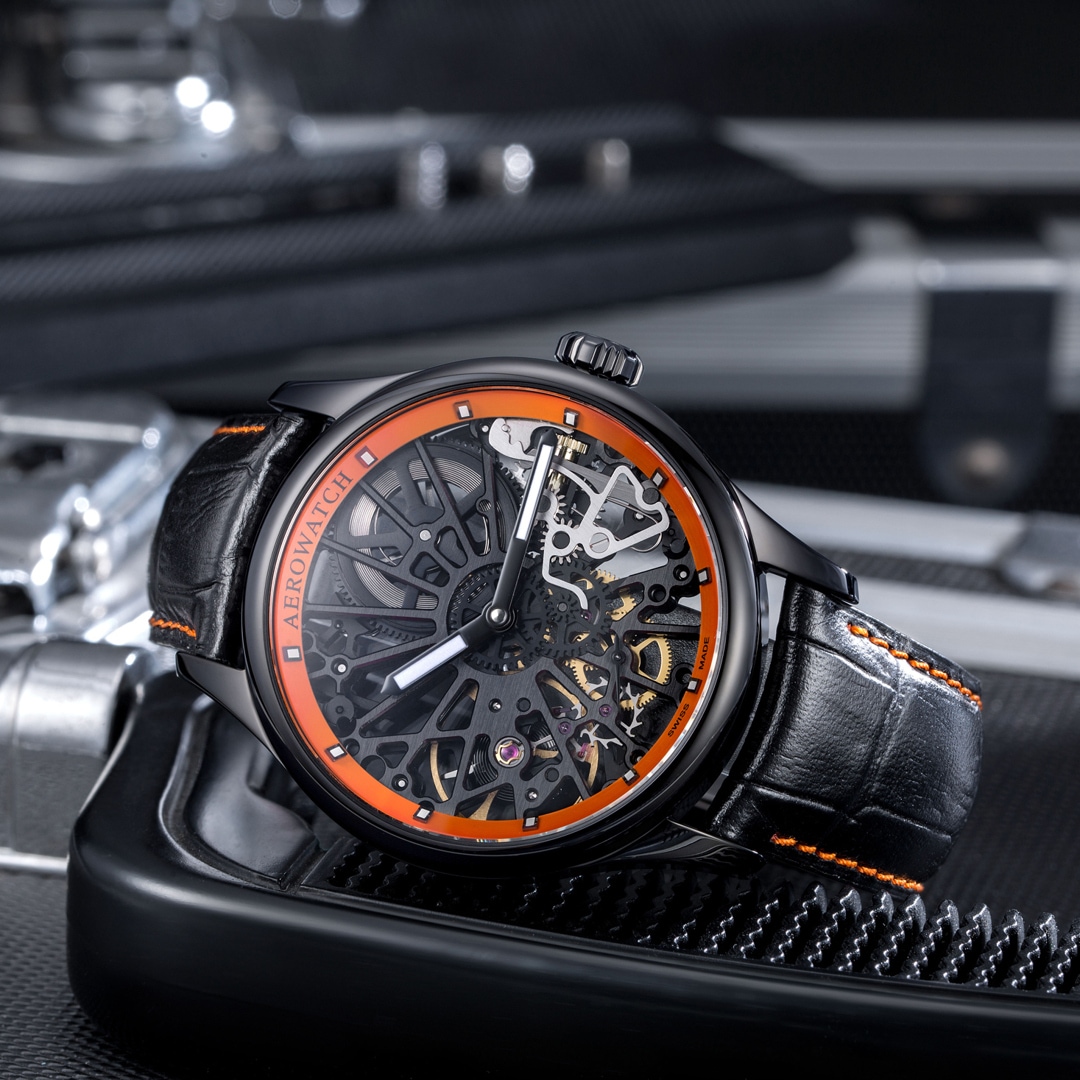 Aerowatch Renaissance Cobweb Skeleton Schwarz / Orange | A 50981 NO18
