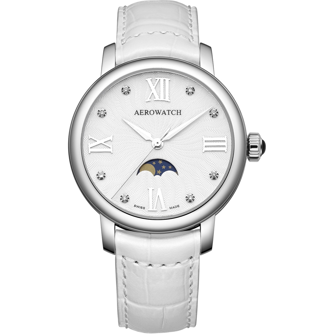 A 43938 AA03 | Aerowatch Renaissance Lady Moon Phase en cuir blanc
