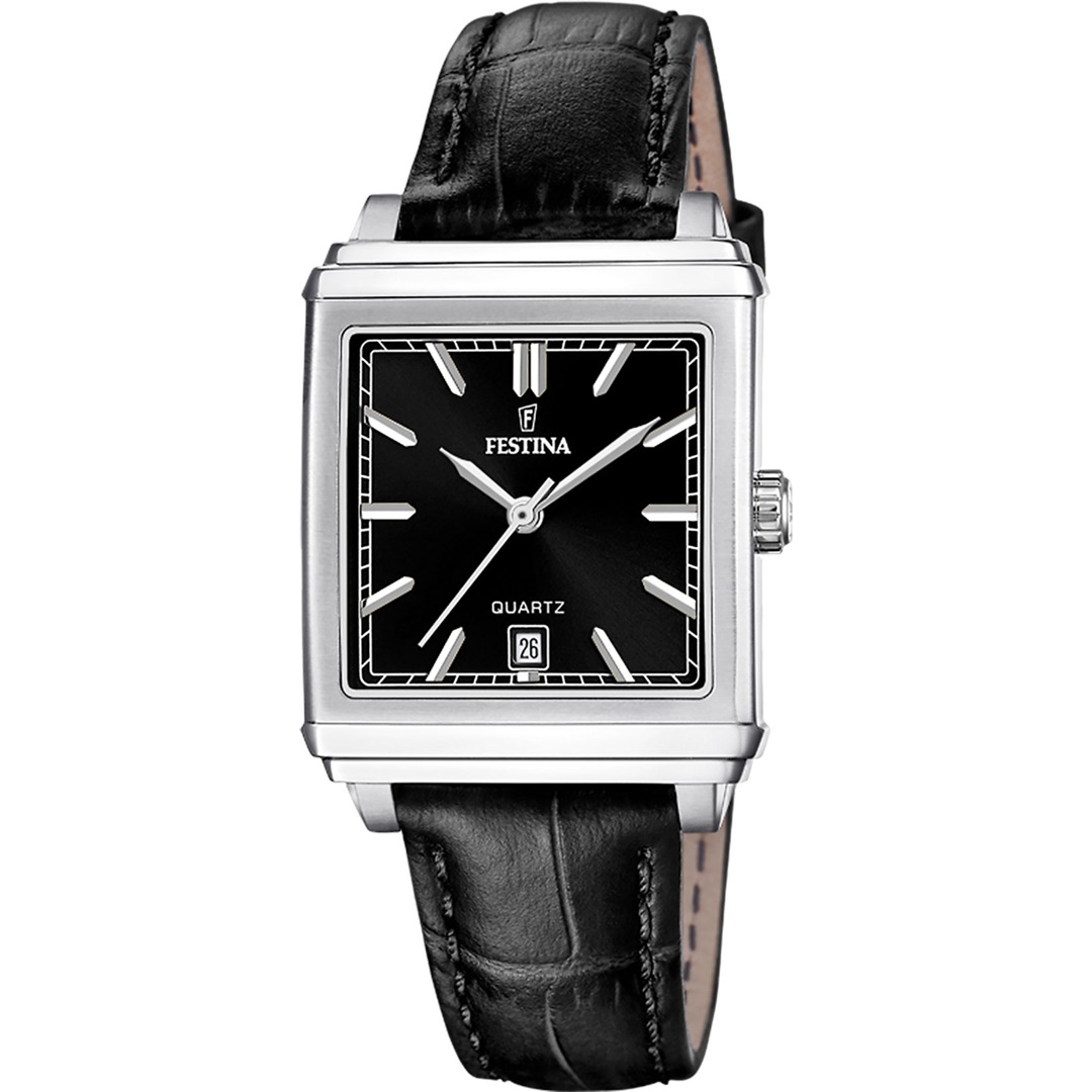 Festina On The Square Lady Date Leder Schwarz / Silbrig | F20682/6