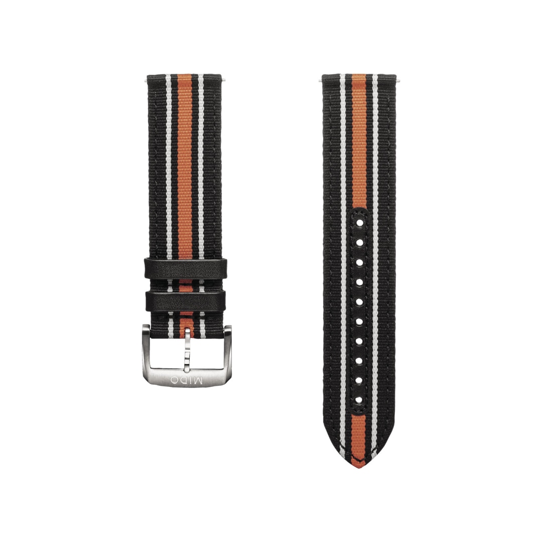 Bracelet Mido tissu noir et orange 22 mm