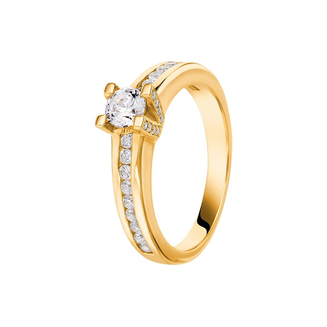 Solitärring 750/18 K Gelbgold mit Zirkonia und Seitensteine Ø 52